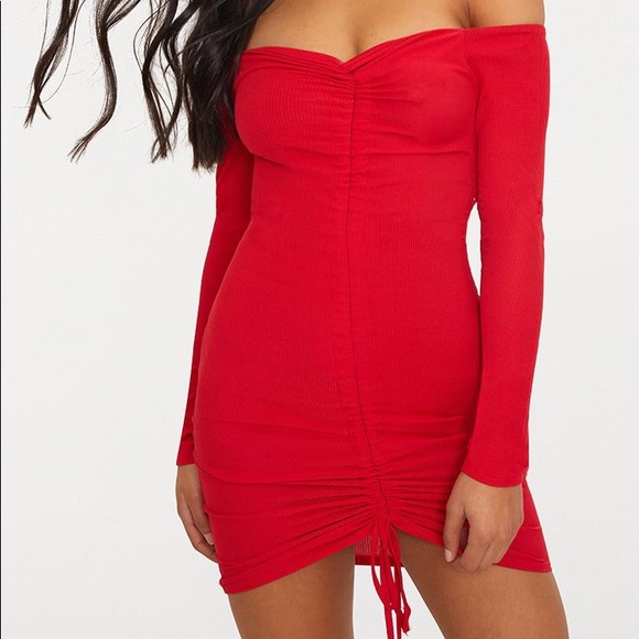 PrettyLittleThing | Dresses | Red Ribbed Long Sleeve Bardot Ruched ...